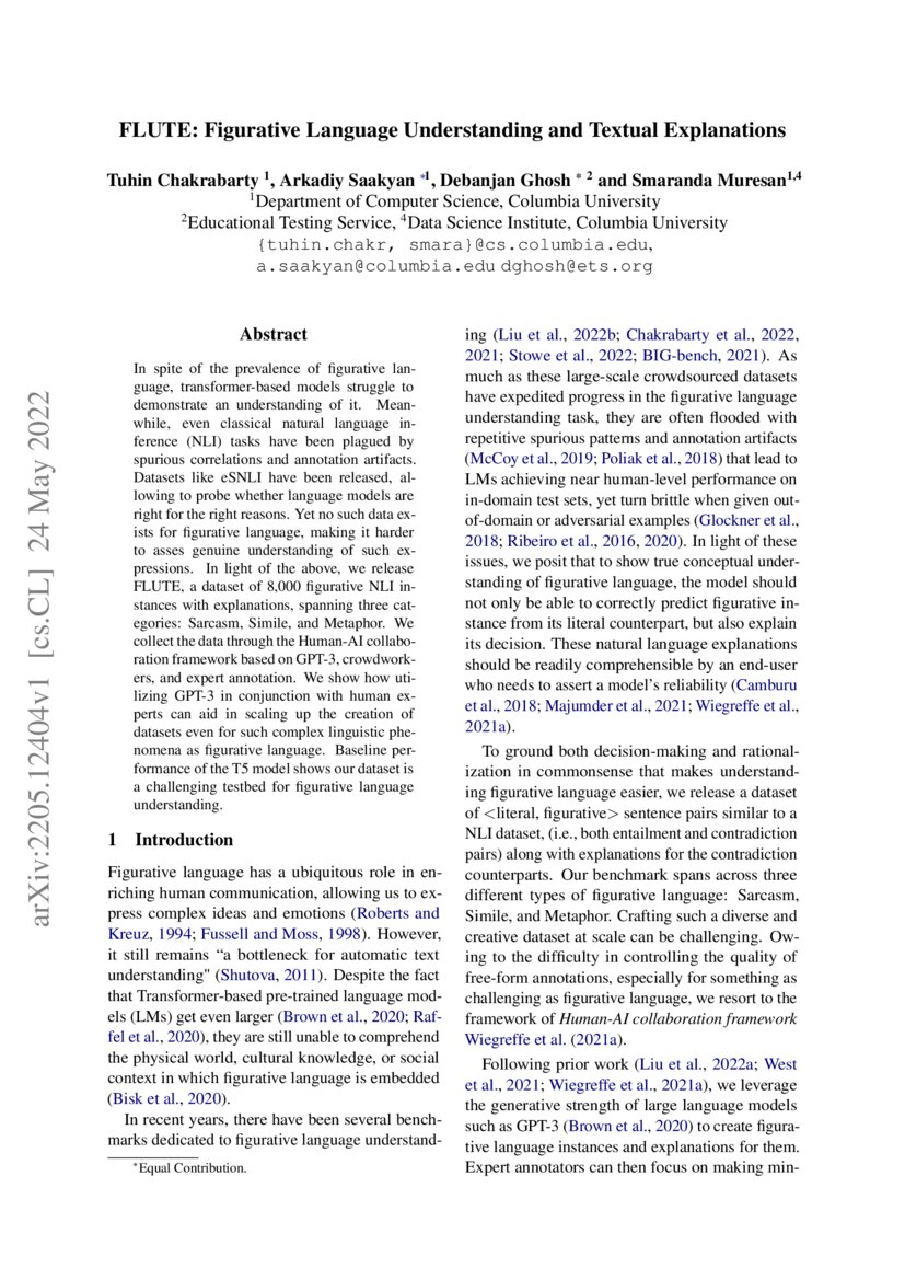 Flute Figurative Language Understanding And Textual Explanations Deepai