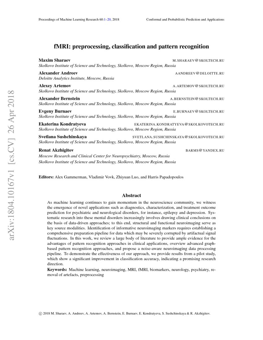 Fmri Preprocessing Classification And Pattern Recognition Deepai