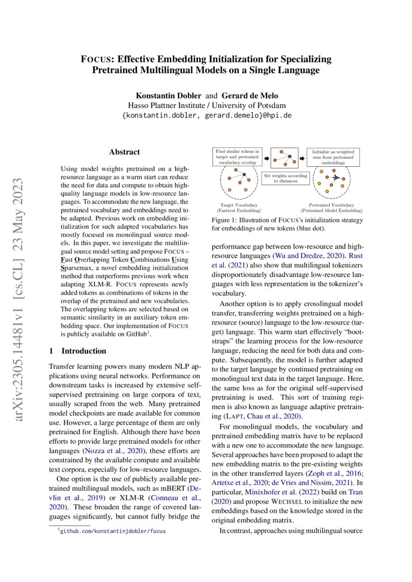 FOCUS: Effective Embedding Initialization for Specializing Pretrained Multilingual Models on a ...