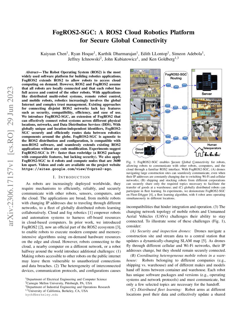 FogROS2-SGC: A ROS2 Cloud Robotics Platform for Secure Global Connectivity | DeepAI