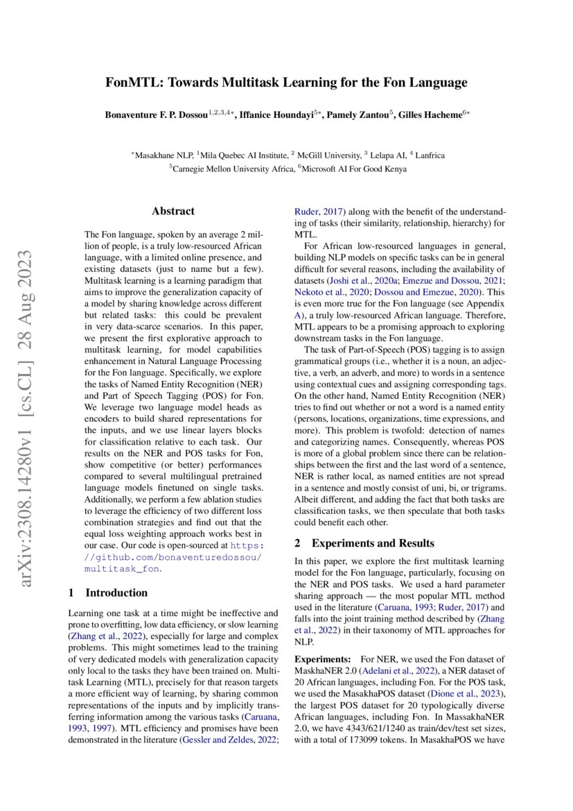 FonMTL: Towards Multitask Learning for the Fon Language | DeepAI