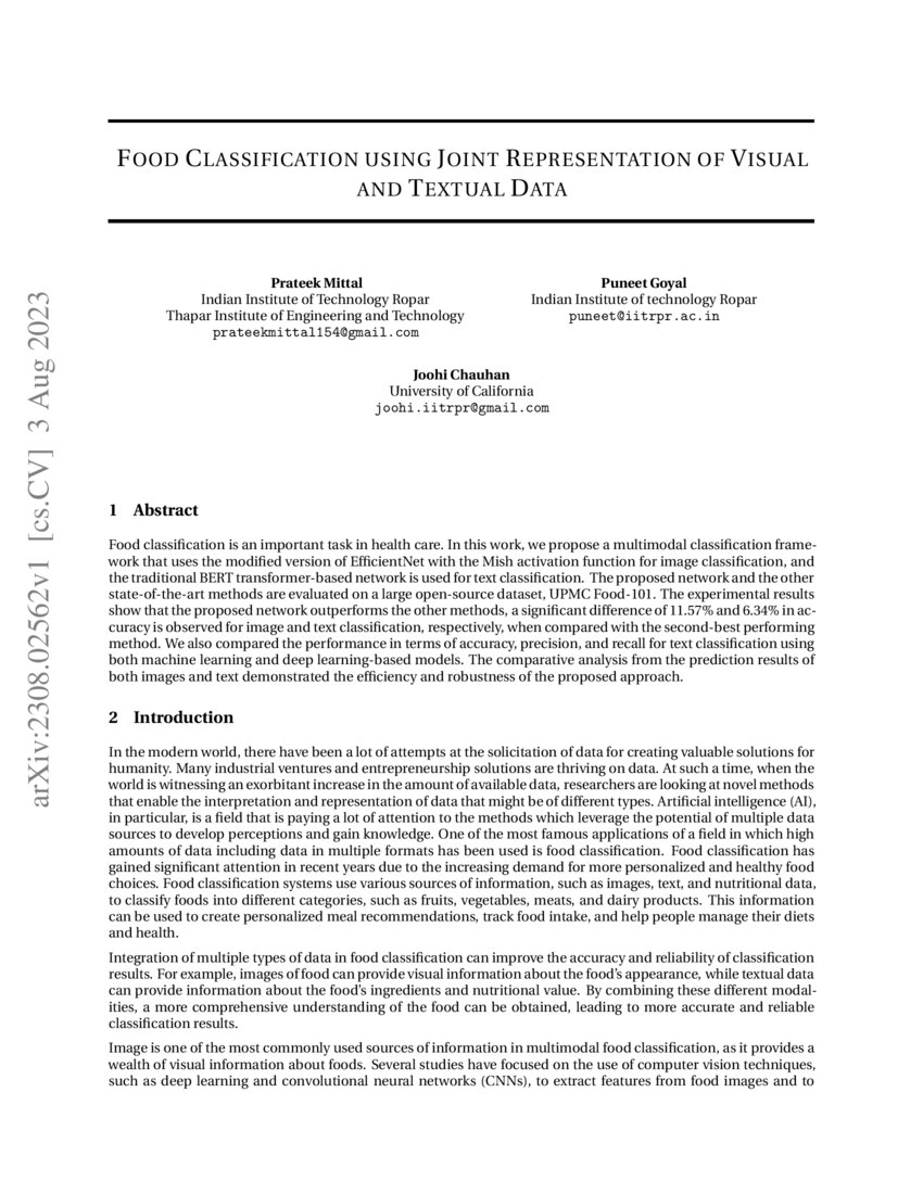 Food Classification Using Joint Representation Of Visual And Textual