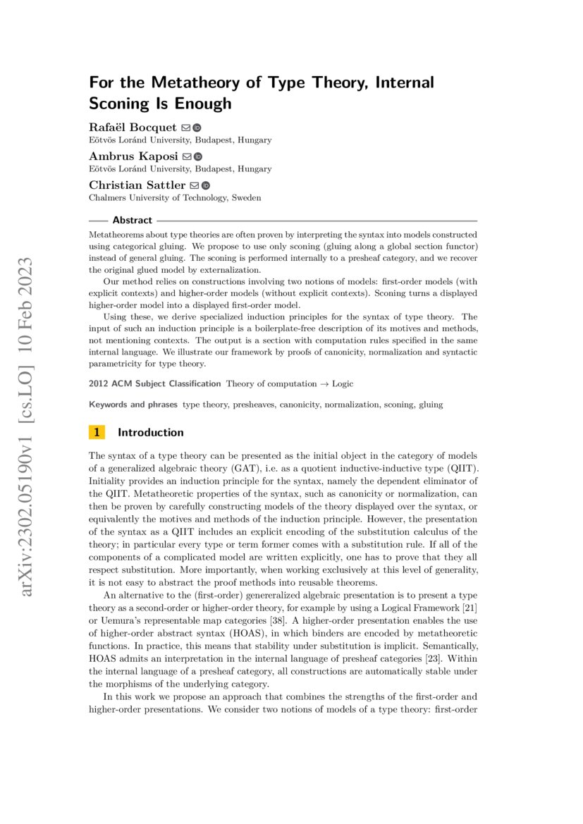 For the Metatheory of Type Theory, Internal Sconing Is Enough | DeepAI