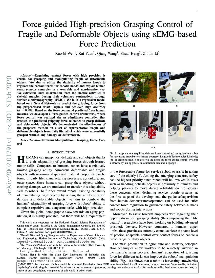 Force Guided High Precision Grasping Control Of Fragile And Deformable Objects Using Semg Based