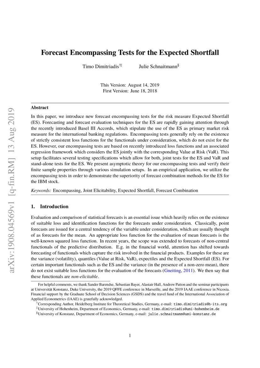 Forecast Encompassing Tests For The Expected Shortfall Deepai