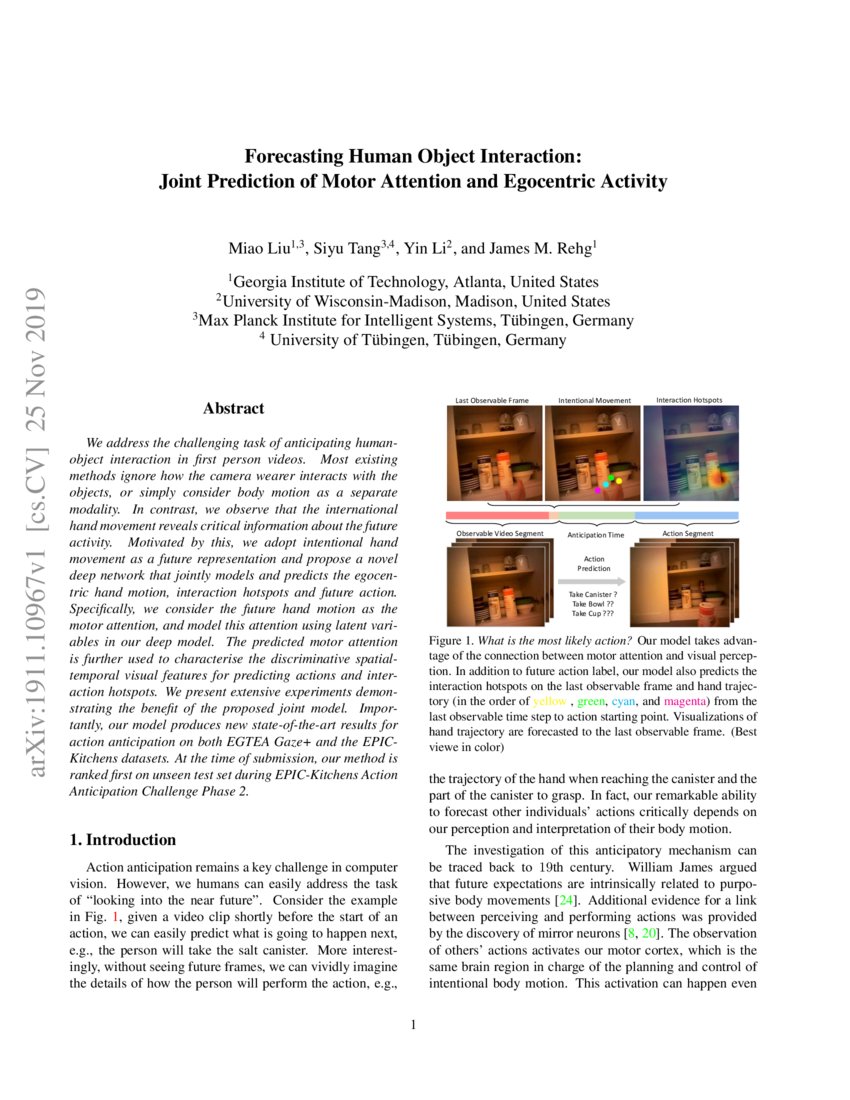 Forecasting Human Object Interaction Joint Prediction Of Motor Attention And Egocentric