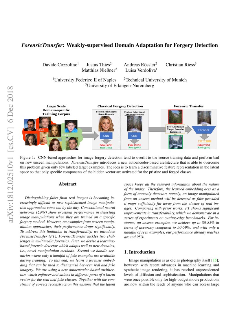 ForensicTransfer: Weakly-supervised Domain Adaptation for Forgery Detection | DeepAI