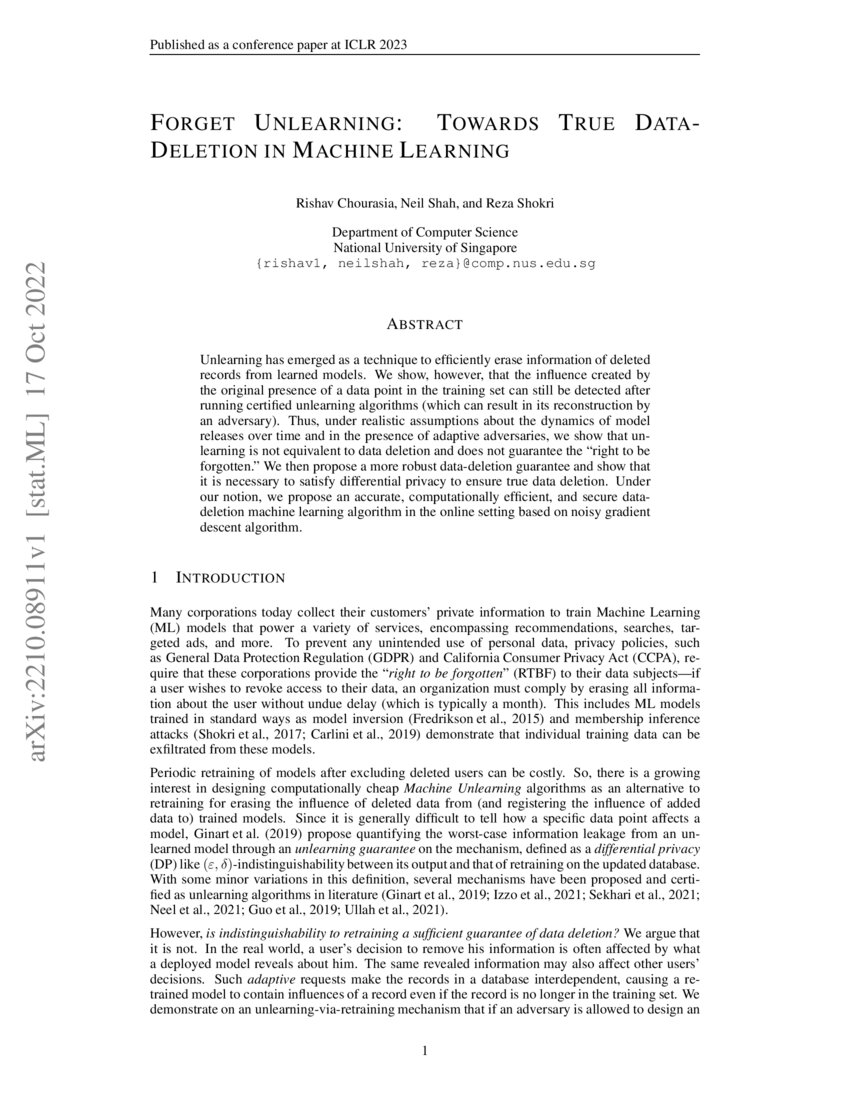 Forget Unlearning: Towards True Data-Deletion in Machine Learning | DeepAI