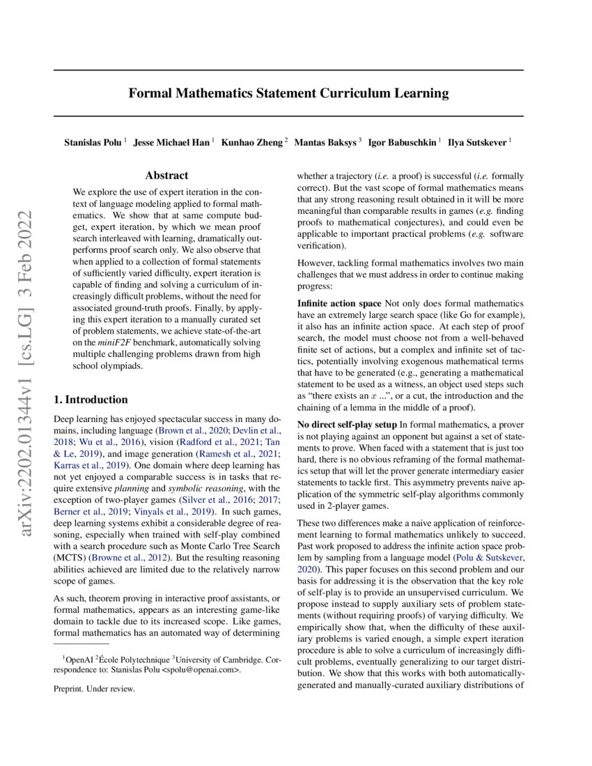 Formal Mathematics Statement Curriculum Learning | DeepAI