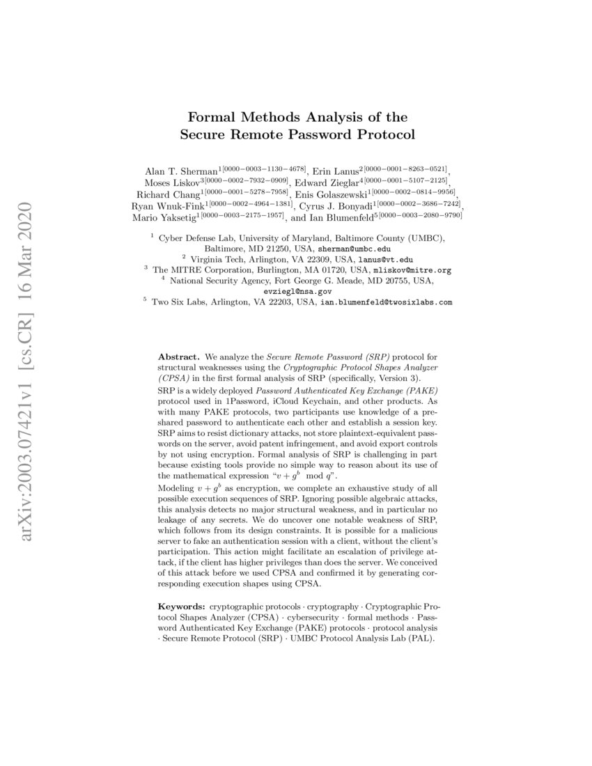 Formal Methods Analysis Of The Secure Remote Password Protocol Deepai