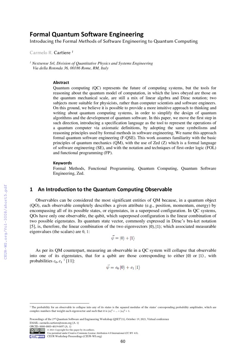 Formal Quantum Software Engineering: Introducing the Formal Methods of Software Engineering to ...