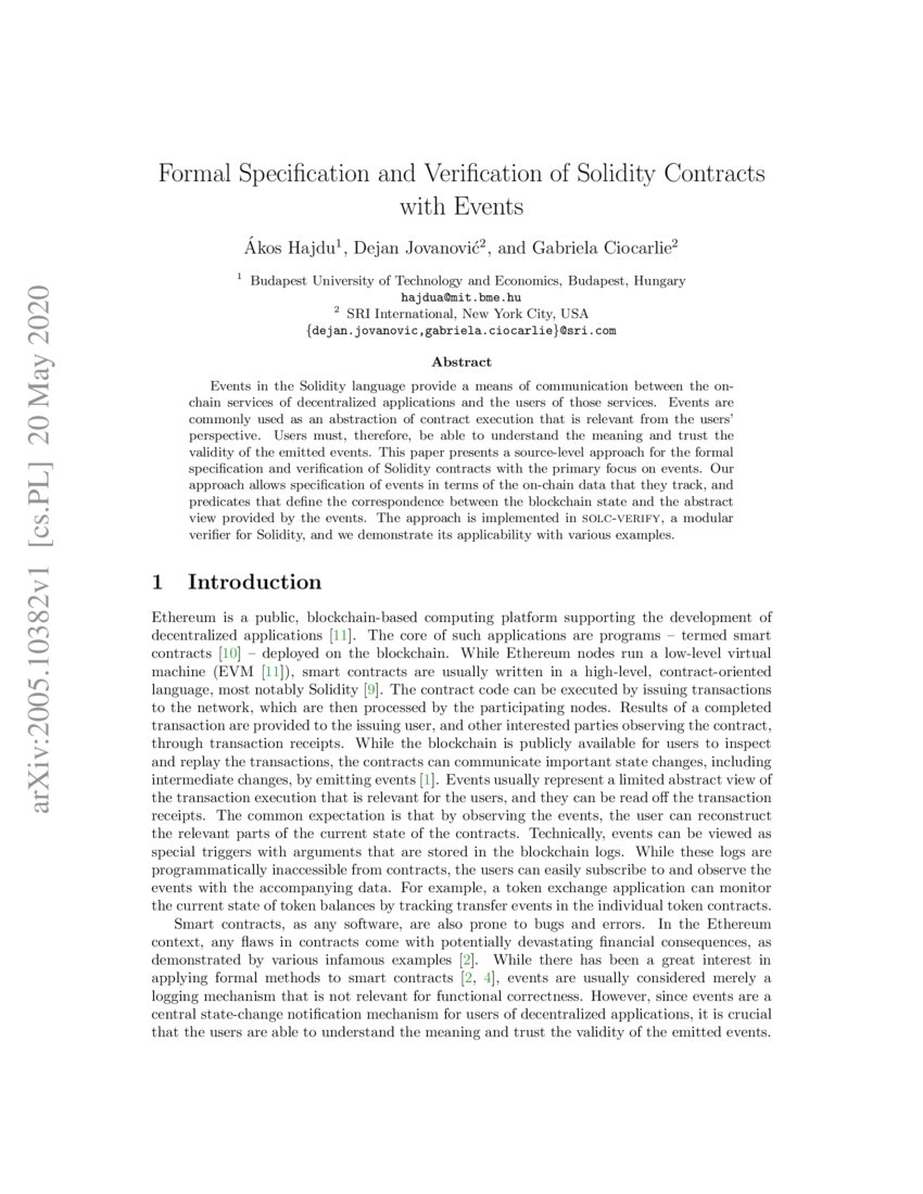 Formal Specification and Verification of Solidity Contracts with Events ...