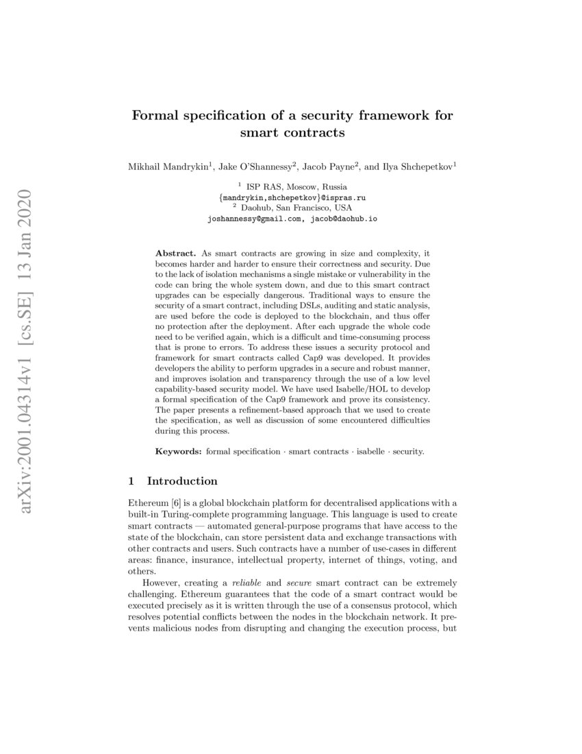 Formal Specification Of A Security Framework For Smart Contracts Deepai