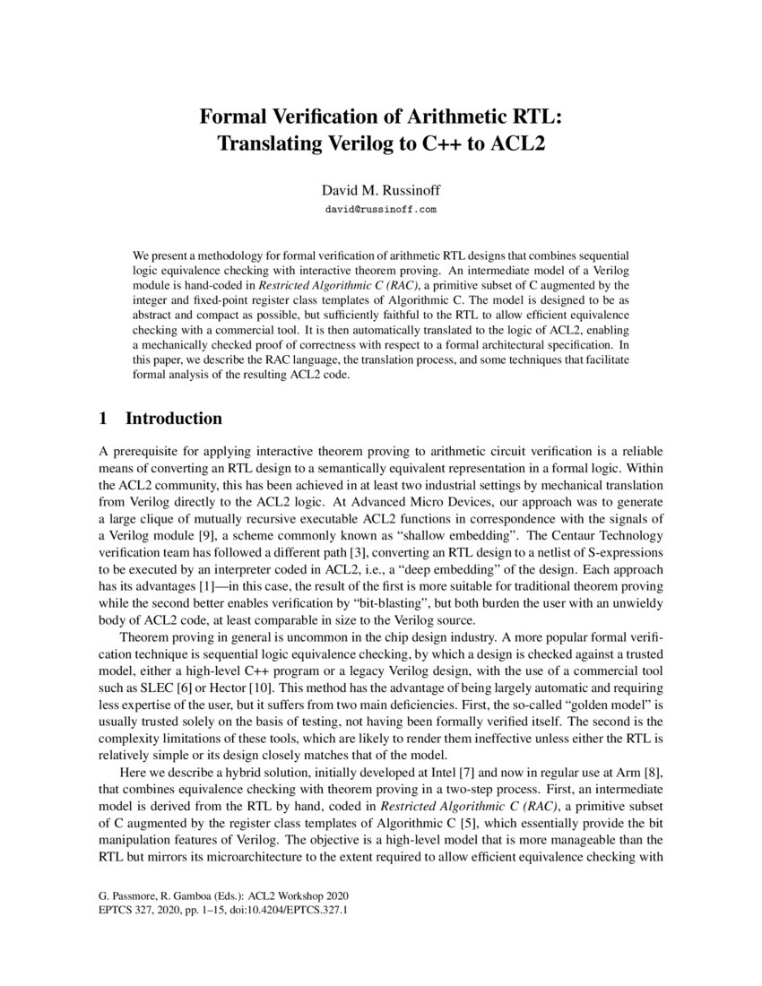 Formal Verification Of Arithmetic Rtl Translating Verilog To C To Acl2 Deepai