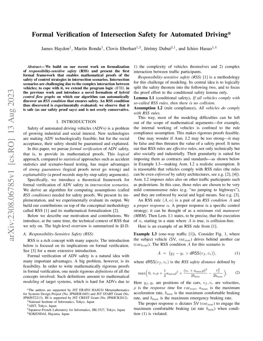 Formal Verification Of Intersection Safety For Automated Driving Deepai