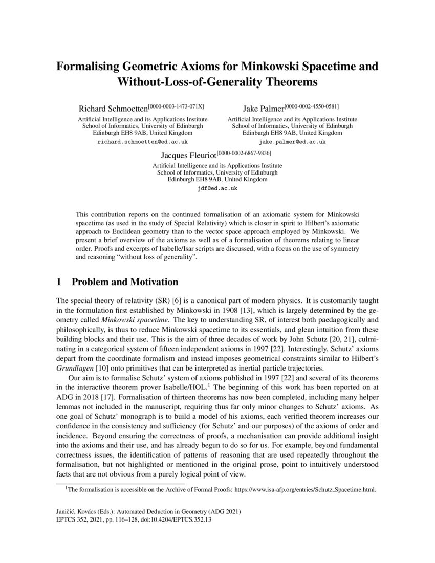 Formalising Geometric Axioms for Minkowski Spacetime and Without-Loss-of-Generality Theorems ...