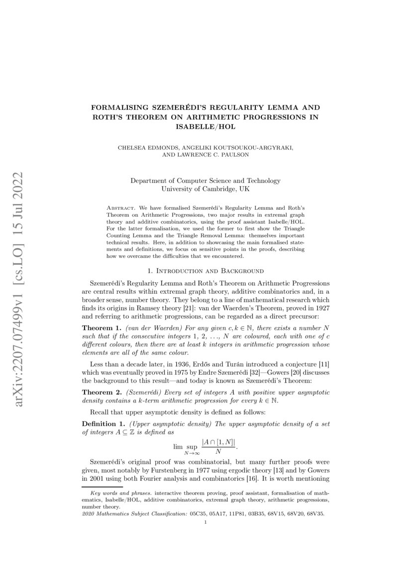 Formalising Szemerédi's Regularity Lemma and Roth's Theorem on Arithmetic Progressions in ...