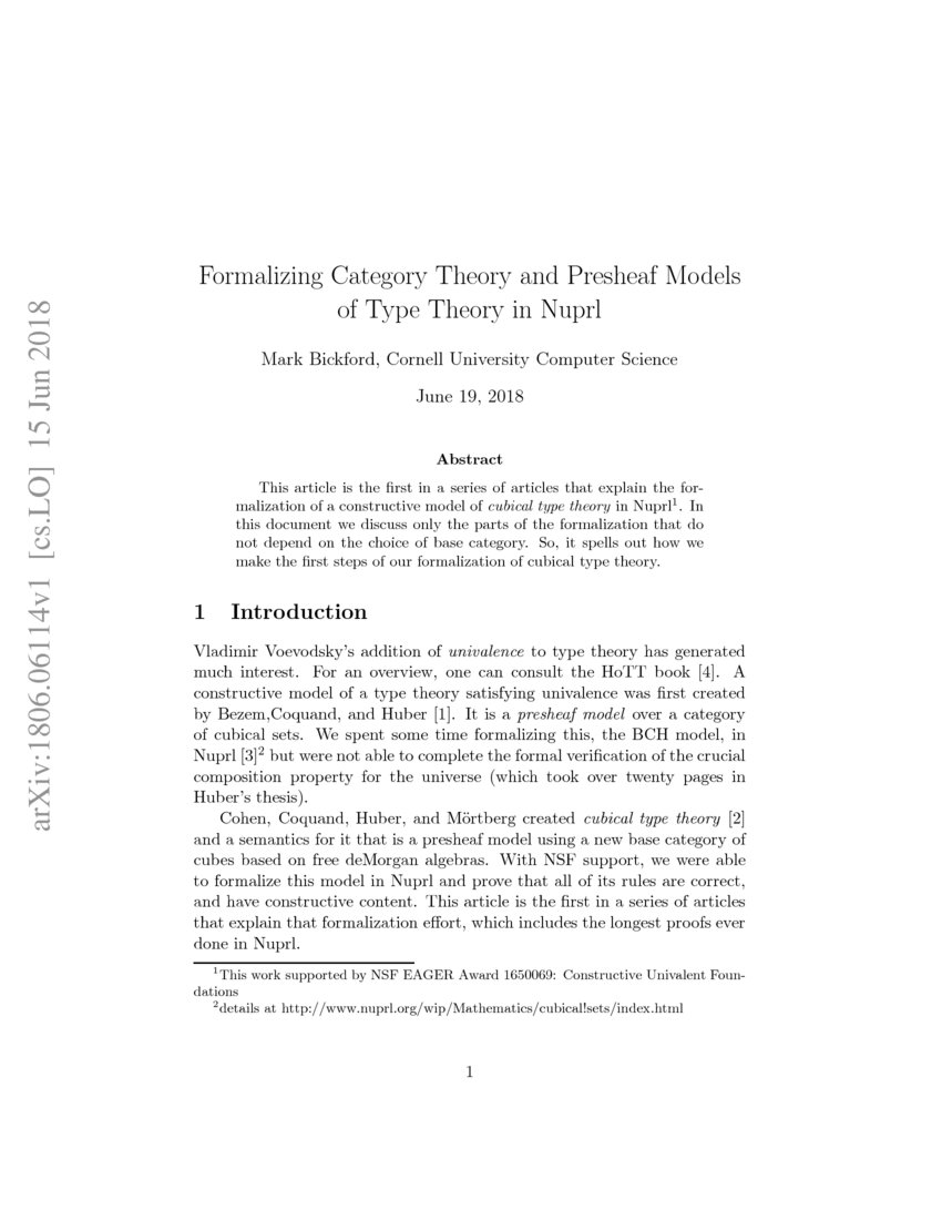 Formalizing Category Theory and Presheaf Models of Type Theory in Nuprl | DeepAI