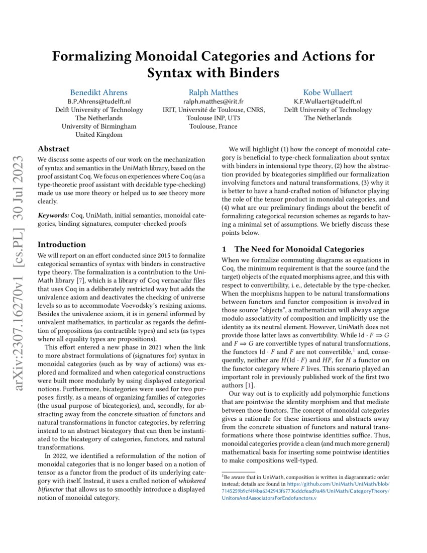 Formalizing Monoidal Categories and Actions for Syntax with Binders | DeepAI