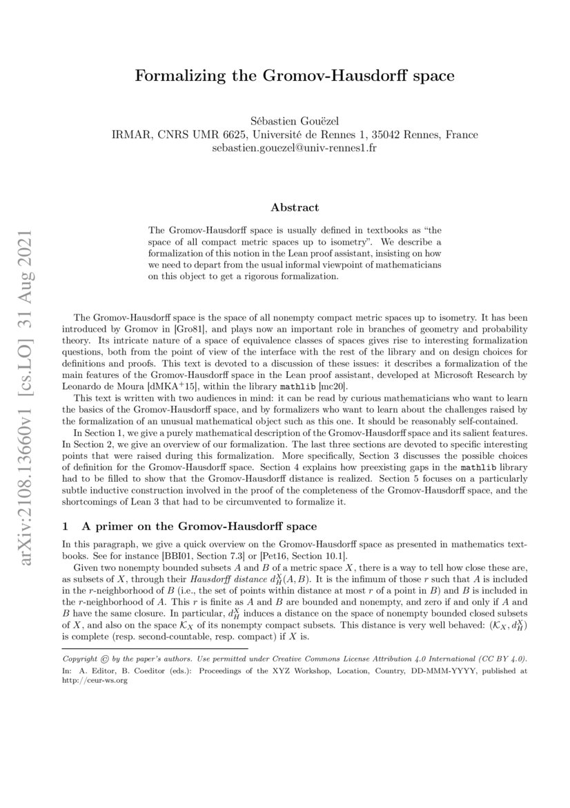 Formalizing The Gromov Hausdorff Space Deepai