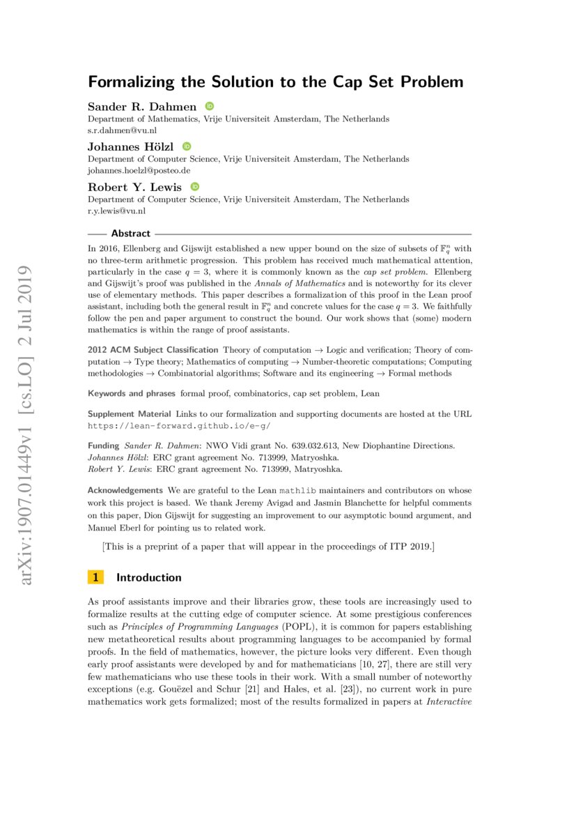 Formalizing the Solution to the Cap Set Problem | DeepAI
