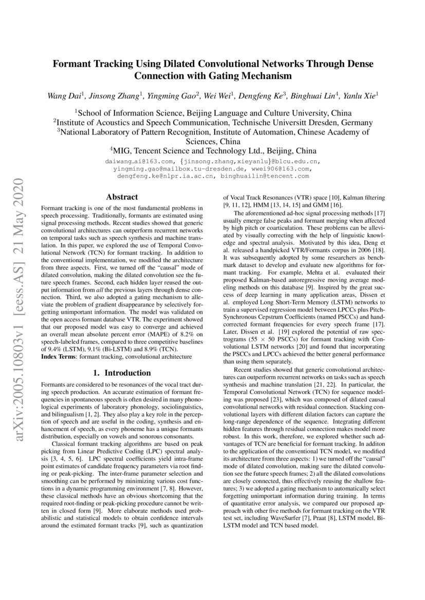 Formant Tracking Using Dilated Convolutional Networks Through Dense Connection with Gating ...