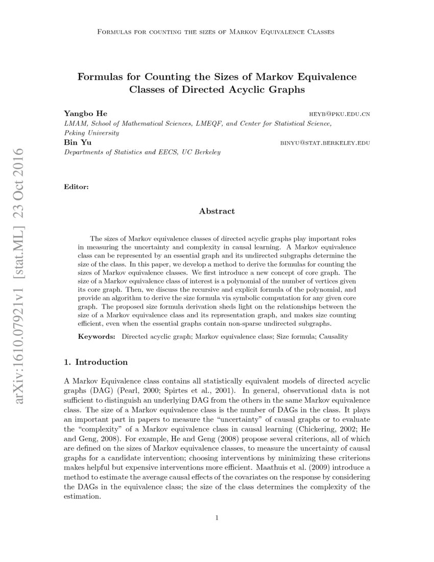 Formulas for Counting the Sizes of Markov Equivalence Classes of ... Formulas for Counting the Sizes of Markov Equivalence Classes of ...