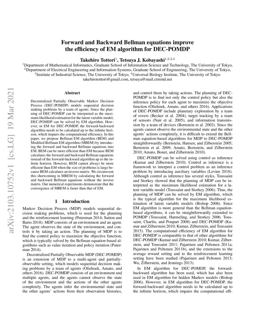 Forward and Backward Bellman equations improve the efficiency of EM ...