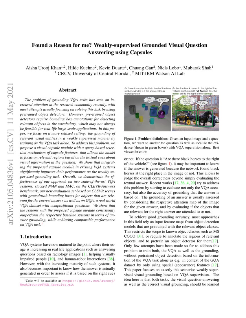 Found a Reason for me? Weakly-supervised Grounded Visual Question Answering using Capsules | DeepAI