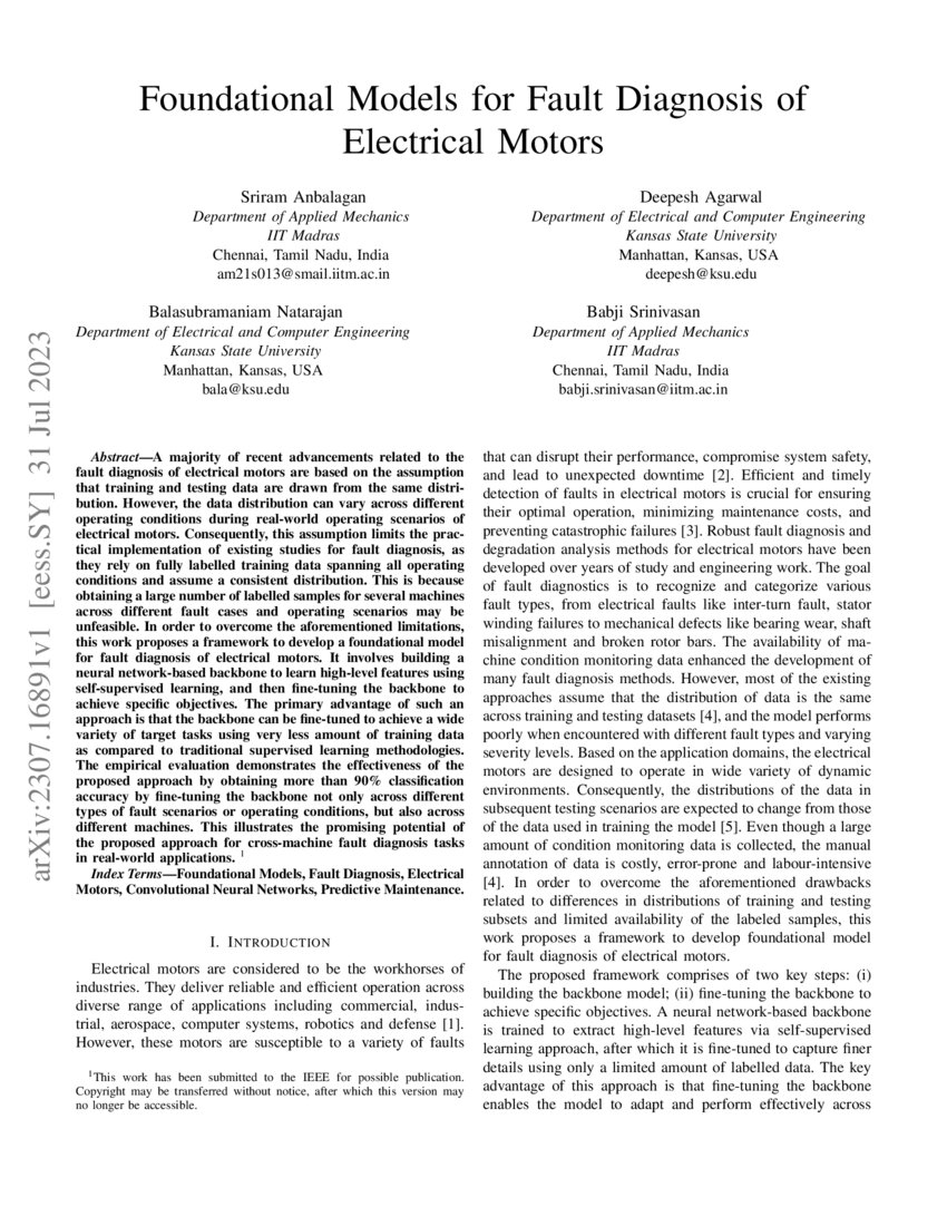 Foundational Models for Fault Diagnosis of Electrical Motors | DeepAI Foundational Models for Fault Diagnosis of Electrical Motors | DeepAI