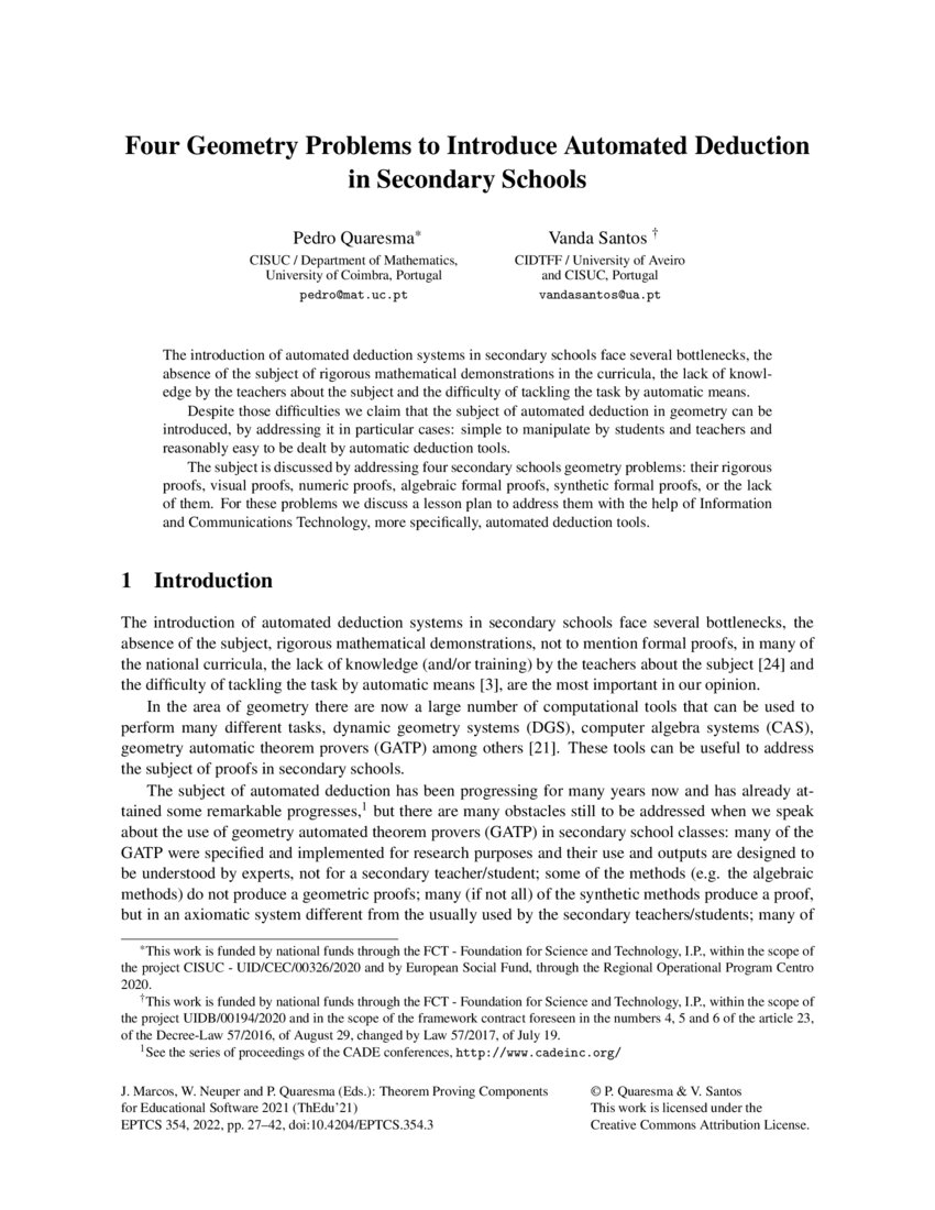 Four Geometry Problems To Introduce Automated Deduction In Secondary Schools Deepai