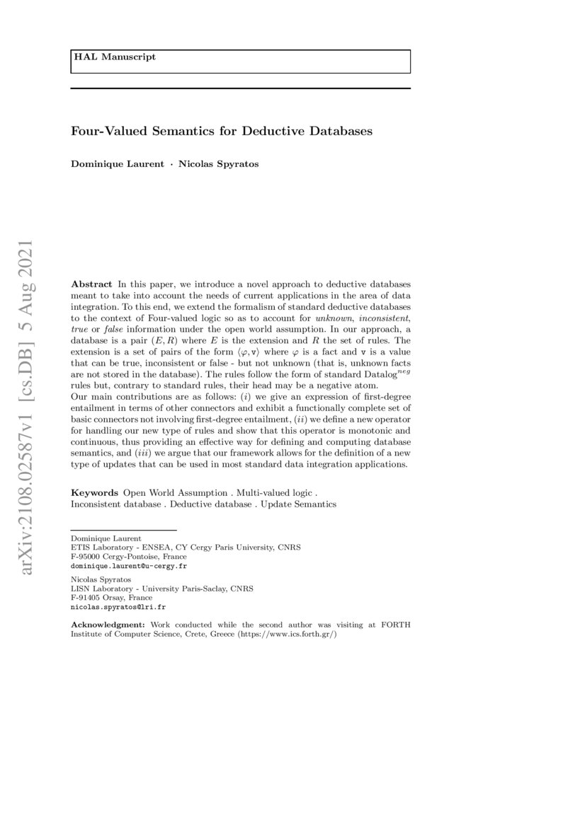 Four-Valued Semantics for Deductive Databases | DeepAI