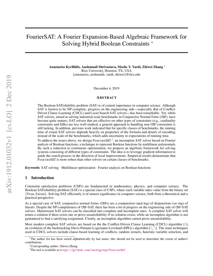 Fouriersat A Fourier Expansion Based Algebraic Framework For Solving Hybrid Boolean Constraints