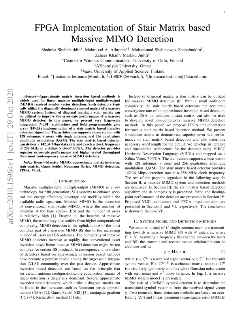 Fpga Implementation Of Stair Matrix Based Massive Mimo Detection Deepai