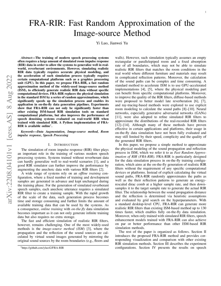 Fra Rir Fast Random Approximation Of The Image Source Method Deepai