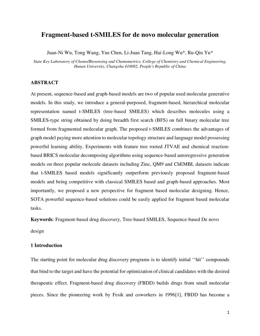 Fragment-based t-SMILES for de novo molecular generation | DeepAI