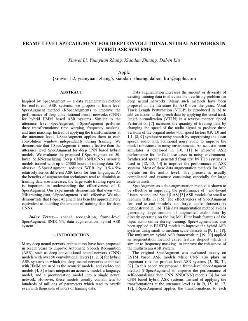 Frame Level Specaugment For Deep Convolutional Neural Networks In
