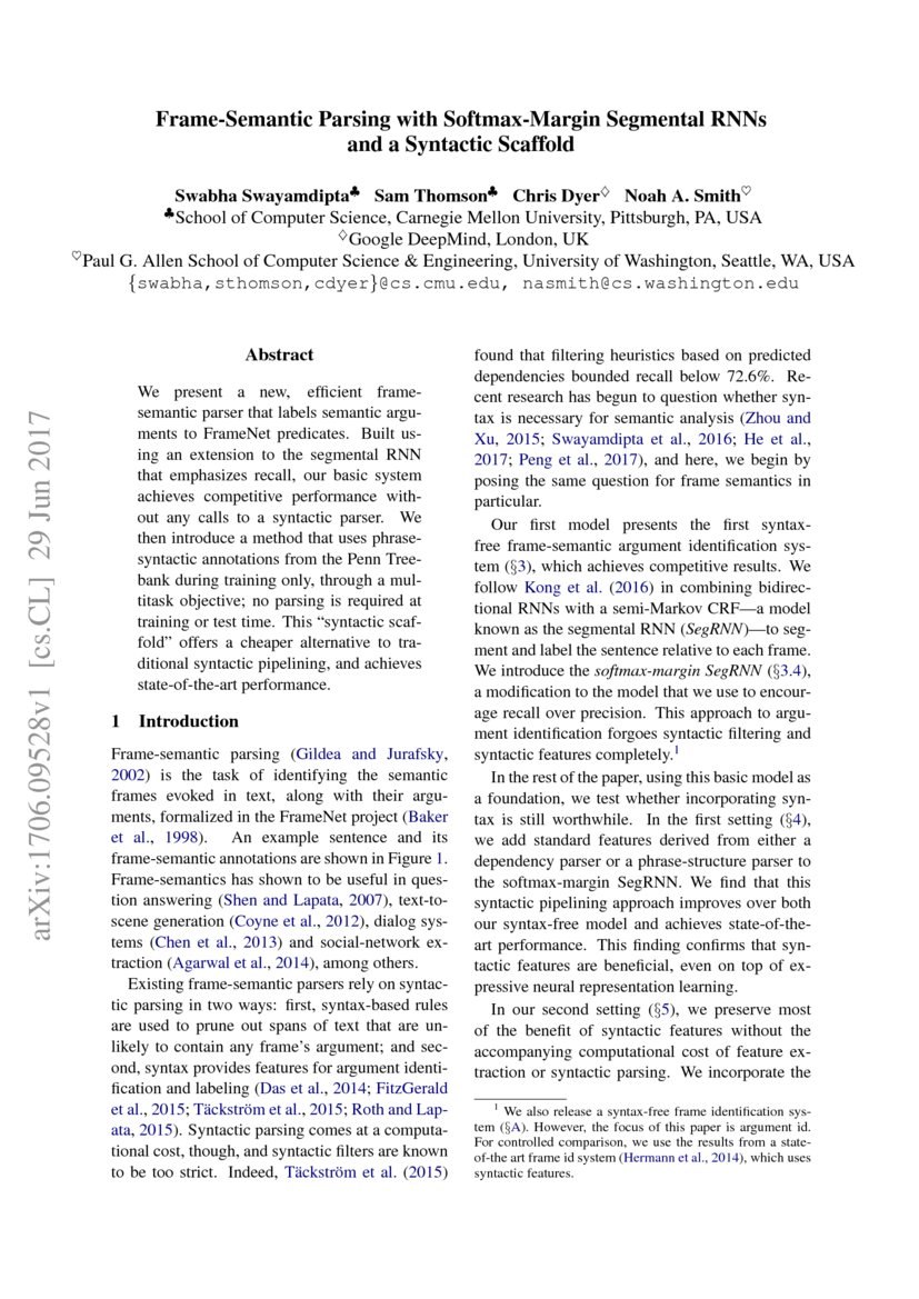 Frame Semantic Parsing With Softmax Margin Segmental Rnns And A Syntactic Scaffold Deepai
