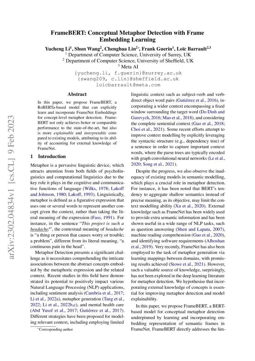 Framebert Conceptual Metaphor Detection With Frame Embedding Learning