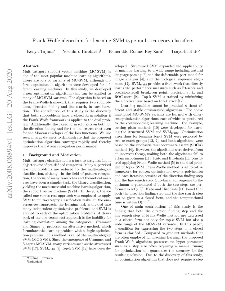 Frank-Wolfe algorithm for learning SVM-type multi-category classifiers | DeepAI