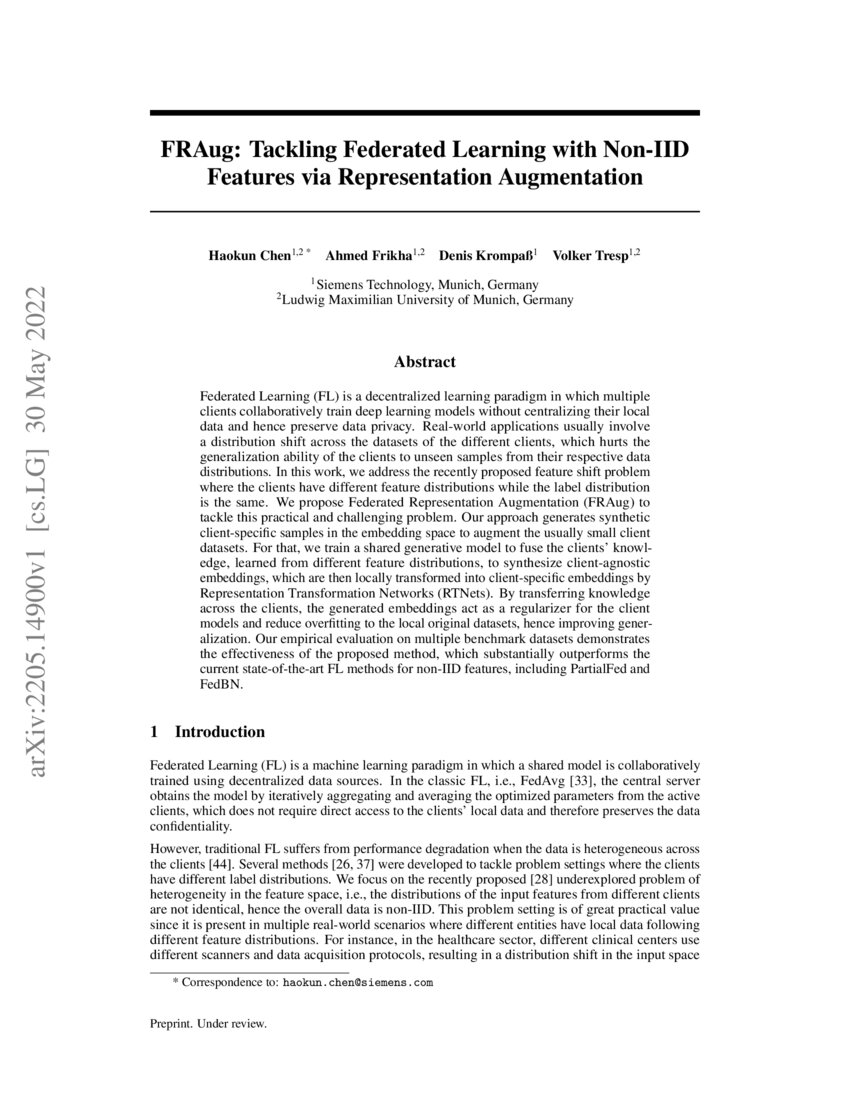 FRAug: Tackling Federated Learning with Non-IID Features via Representation Augmentation | DeepAI