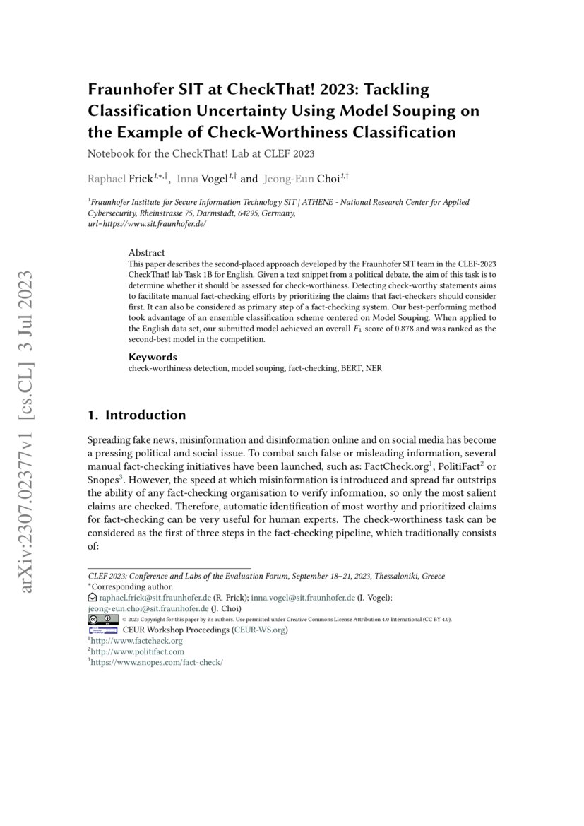 Fraunhofer SIT at CheckThat! 2023: Tackling Classification Uncertainty ...