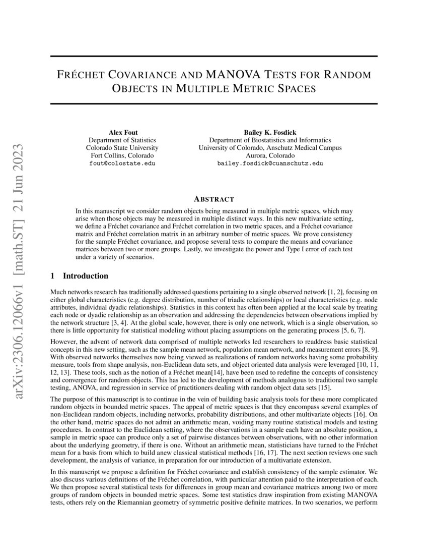 Fréchet Covariance And Manova Tests For Random Objects In Multiple Metric Spaces Deepai