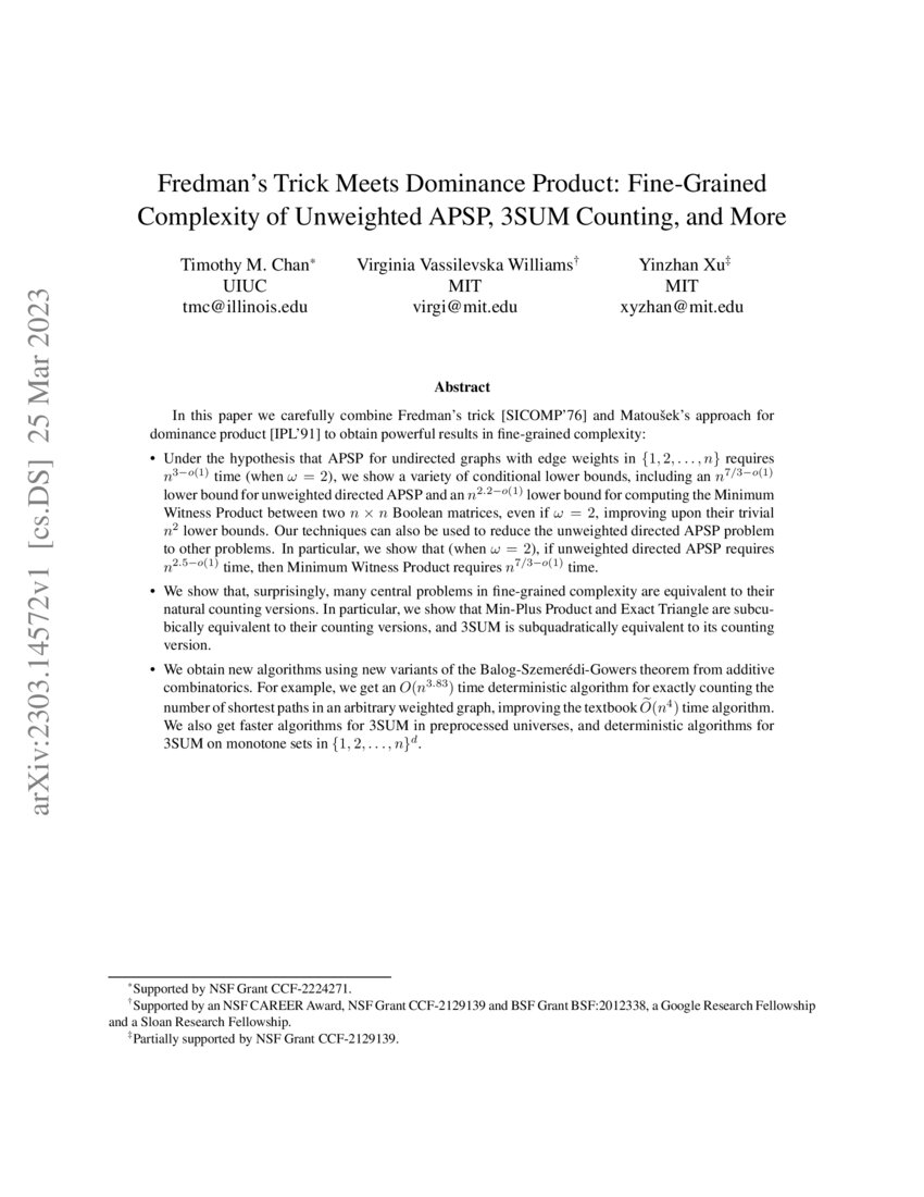 Fredman S Trick Meets Dominance Product Fine Grained Complexity Of Unweighted Apsp 3sum