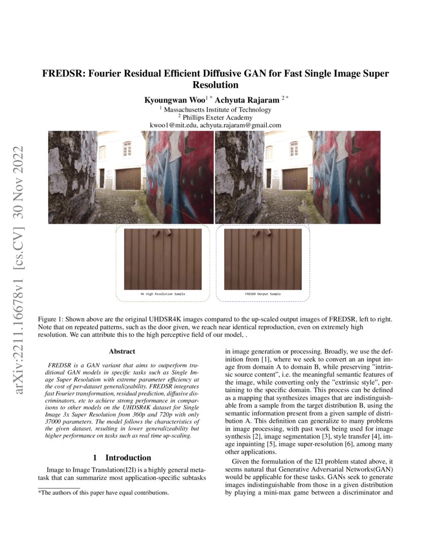 FREDSR: Fourier Residual Efficient Diffusive GAN for Single Image Super Resolution | DeepAI