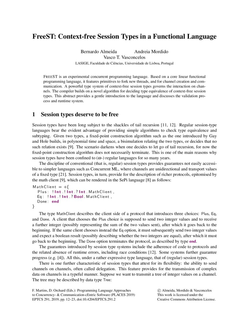 FreeST: Context-free Session Types in a Functional Language | DeepAI