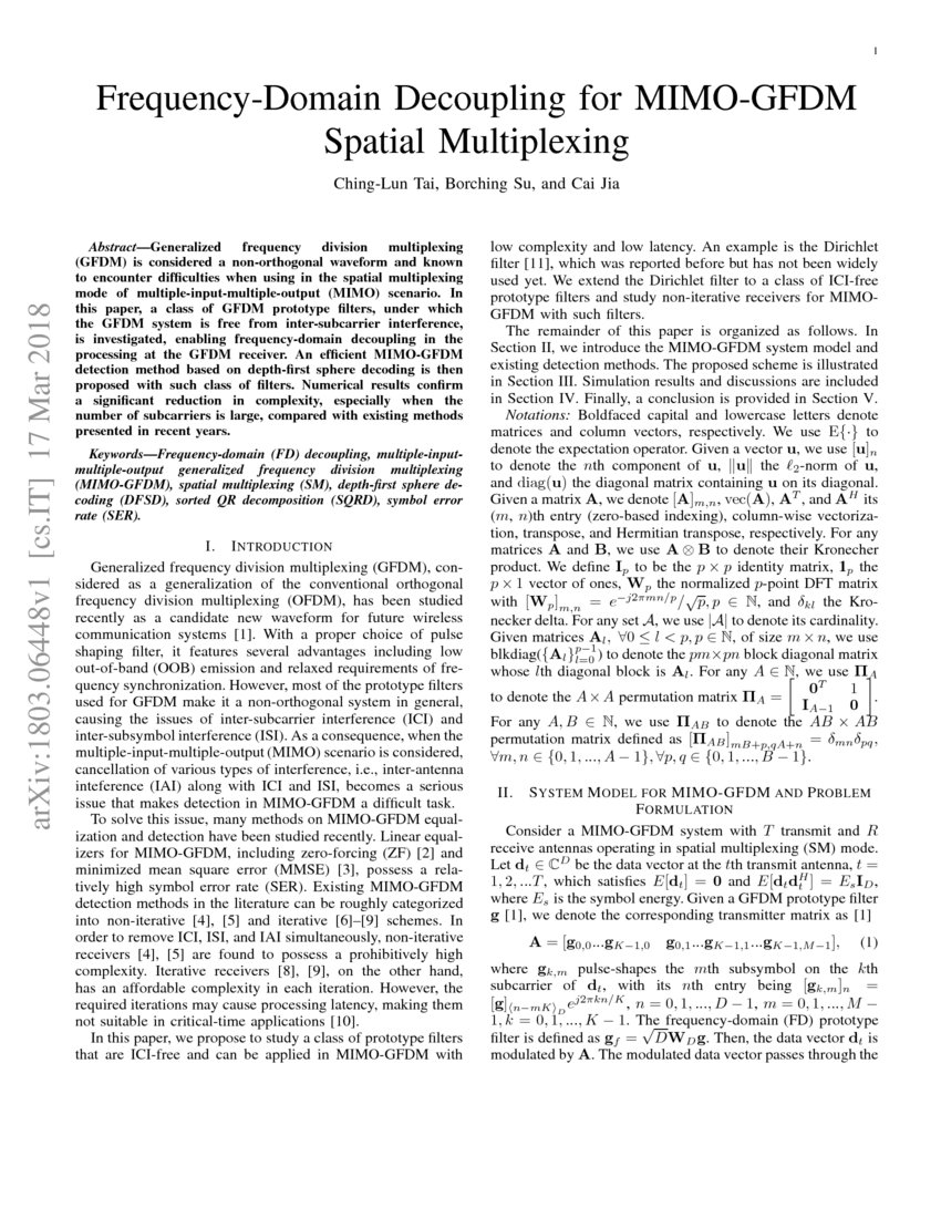 Frequency Domain Decoupling For Mimo Gfdm Spatial Multiplexing Deepai