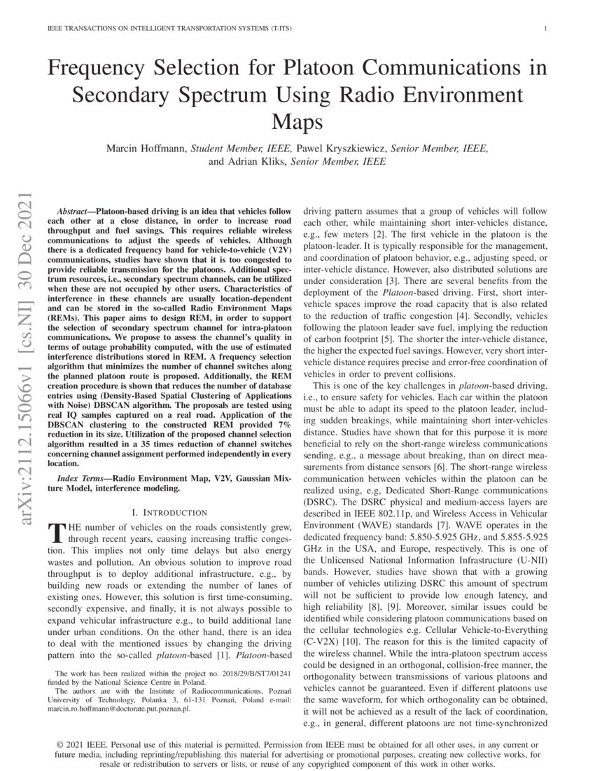 Frequency Selection for Platoon Communications in Secondary Spectrum Using Radio Environment ...