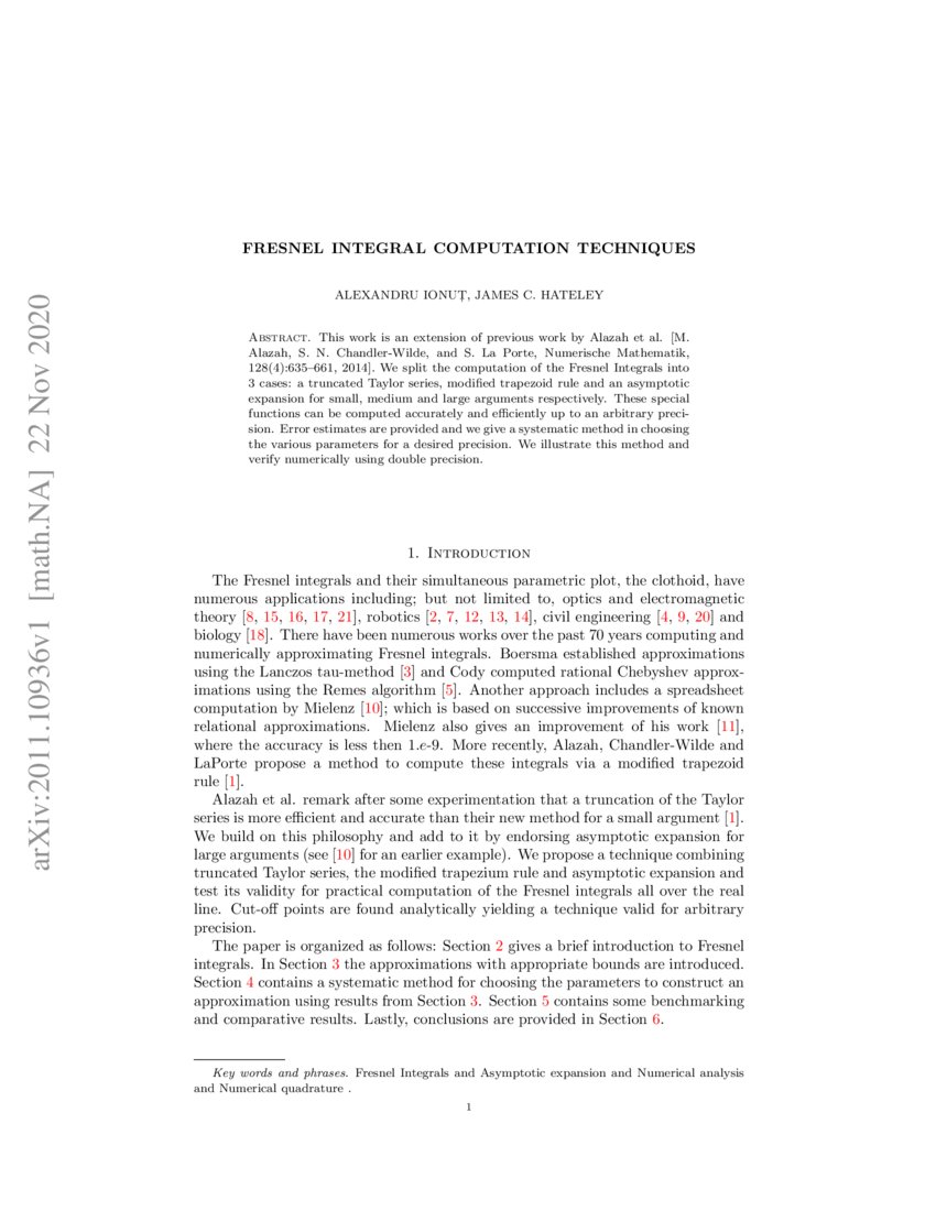 Fresnel Integral Computation Techniques | DeepAI