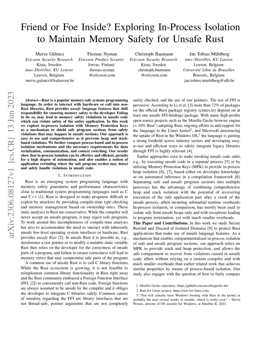 Friend Or Foe Inside Exploring In Process Isolation To Maintain Memory Safety For Unsafe Rust